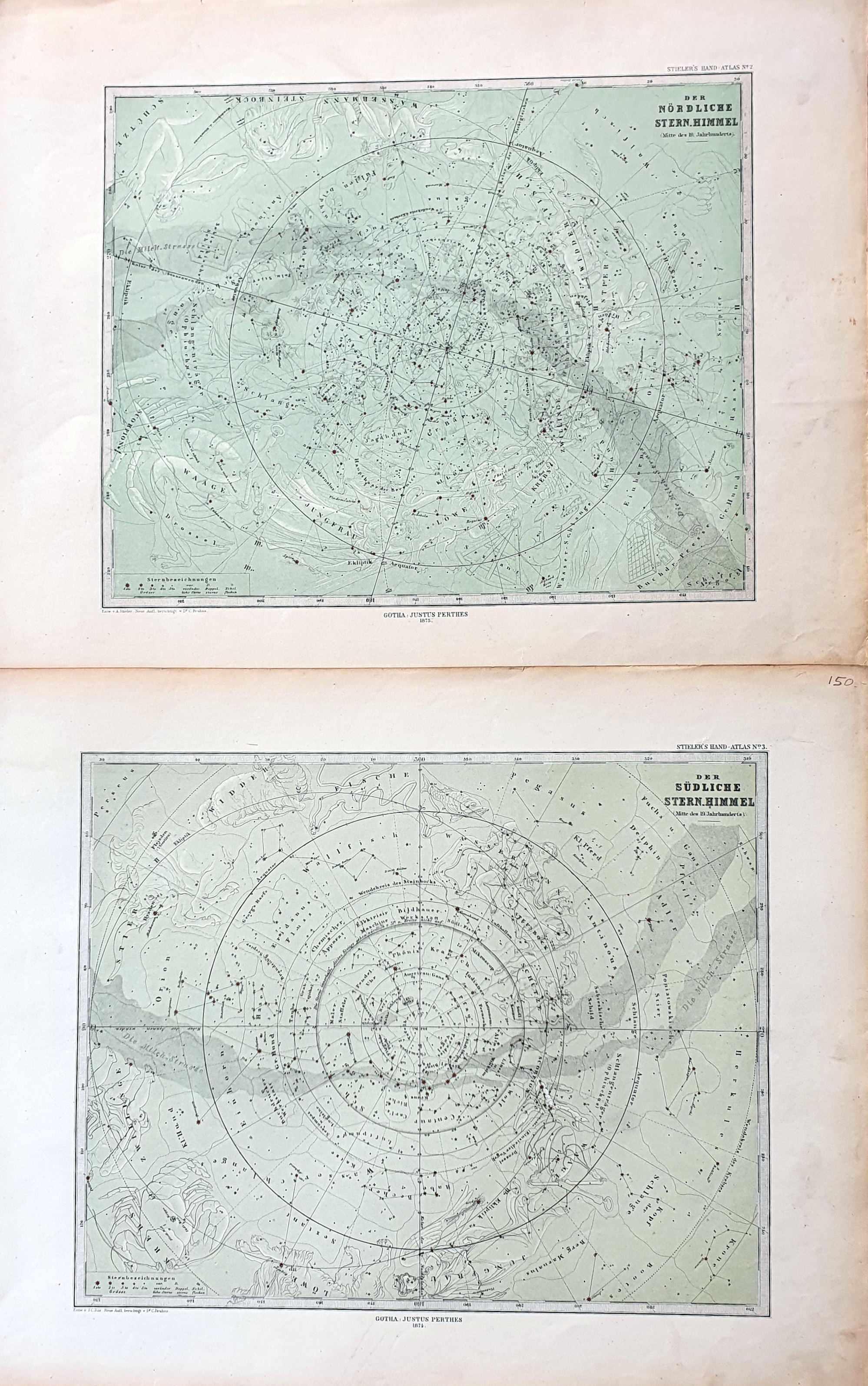 2 maps: Der Nördliche Stern-Himmel & Der Südliche Stern-Himmel - Old ...