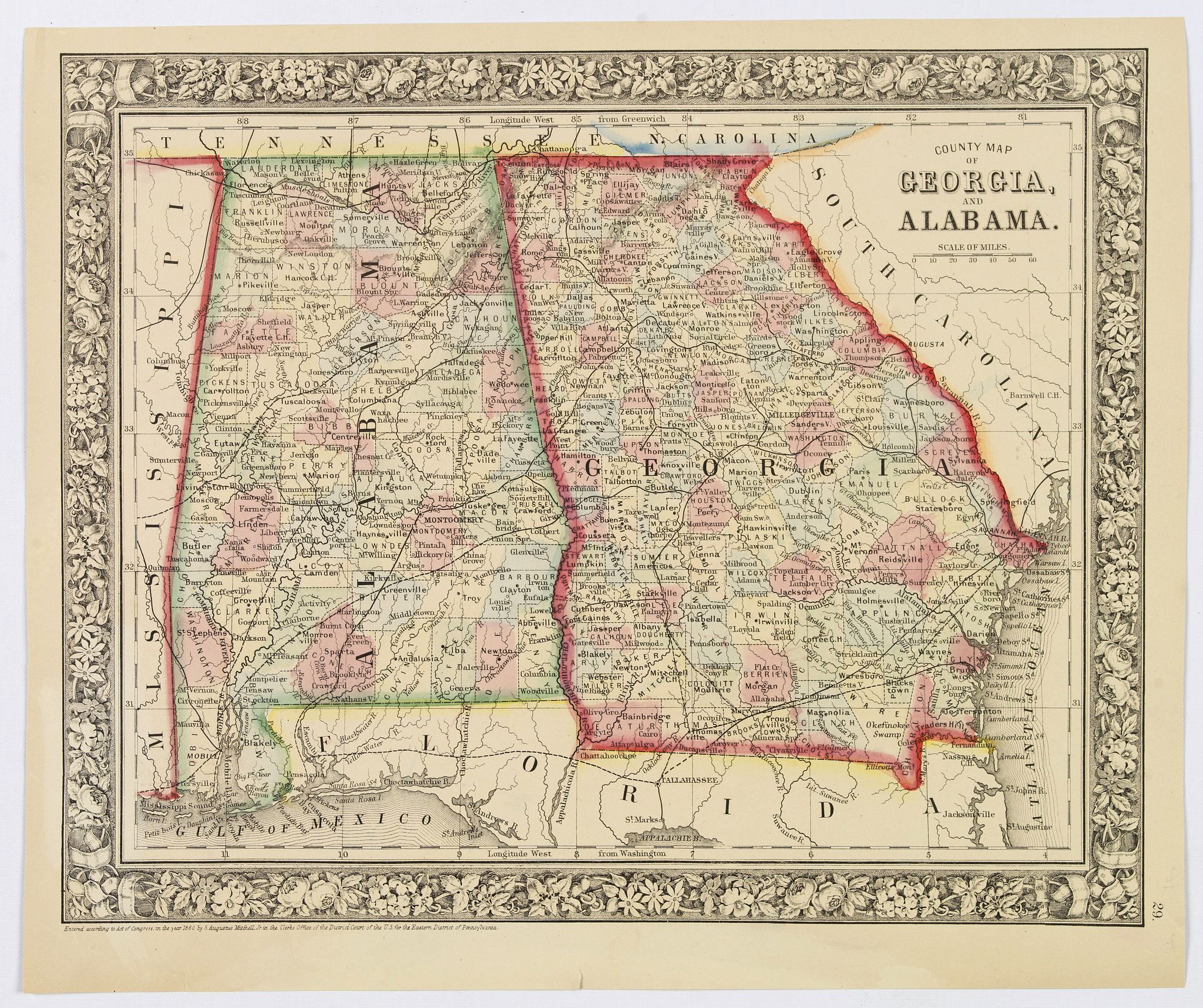 County Map of Georgia and Alabama. - Old map by MITCHELL, A.