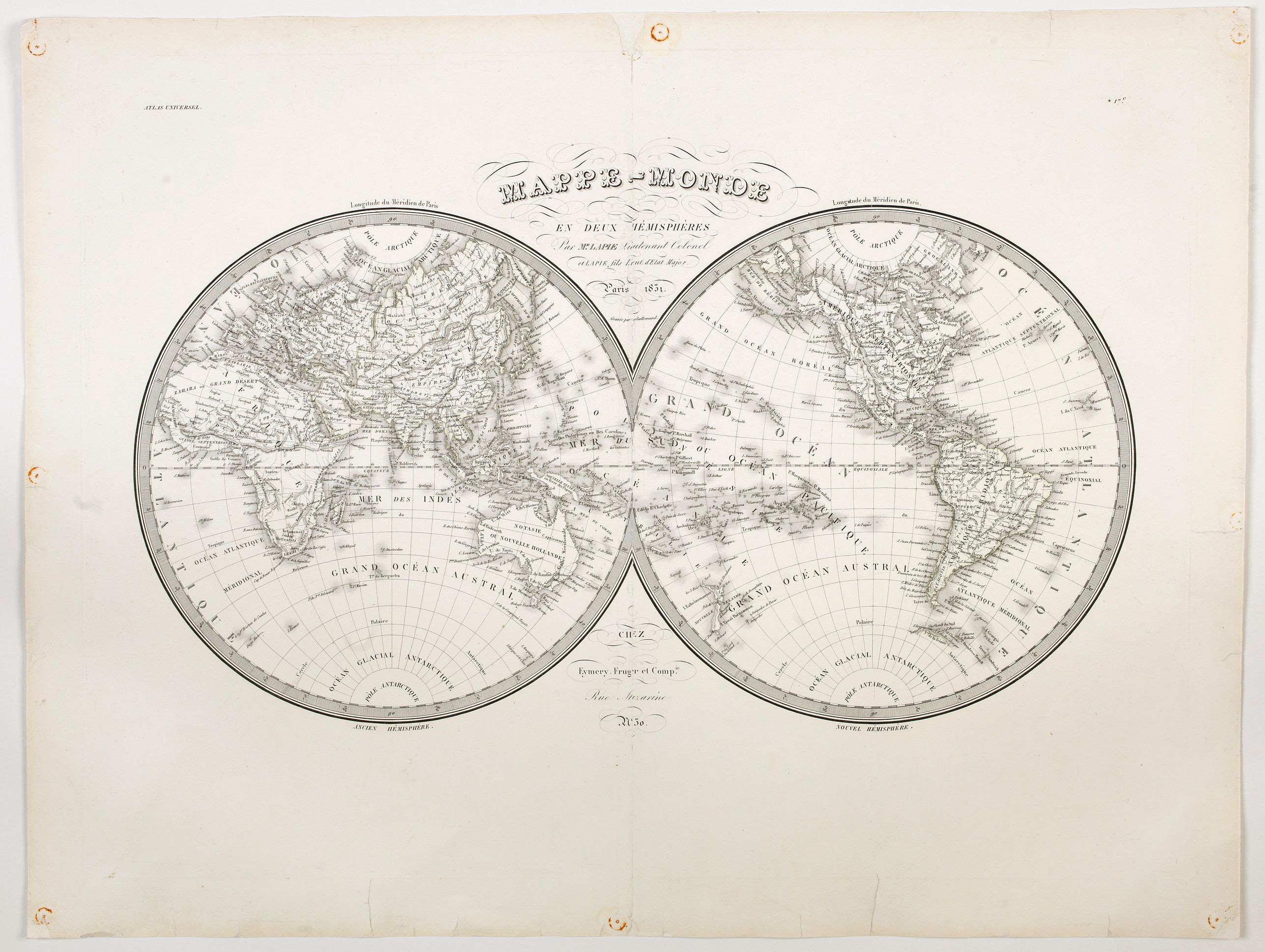Mappe-Monde en deux hemispheres. - Old map by LAPIE, M.