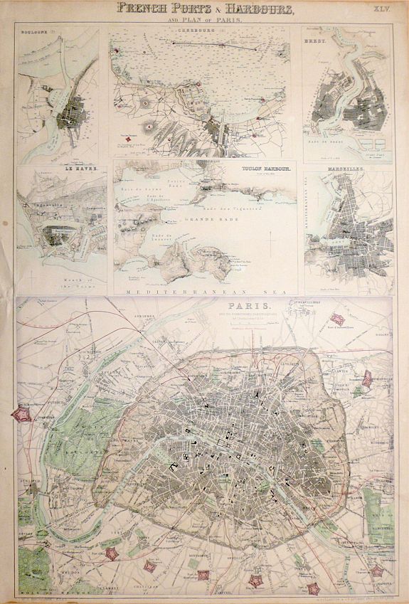 French Ports & Harbours, and Plan of Paris with seven inset maps. - Old ...